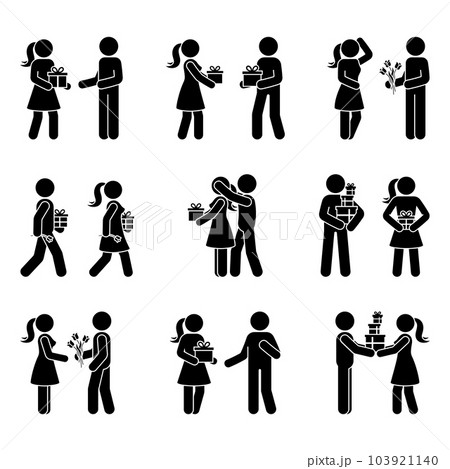 Stick figure people giving presents vector set....のイラスト素材 [103921140 ...