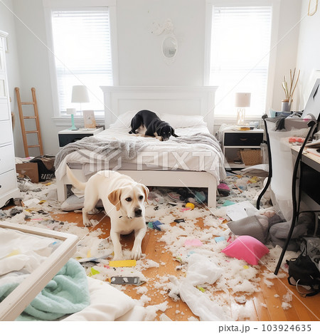 Big mess in bedroom, ruined broken torn things,...のイラスト素材 [103924635 ...