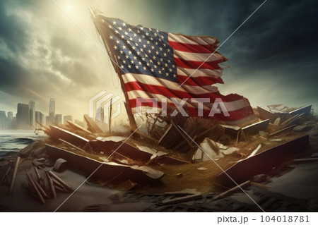 Damaged American flag on the ruins of a...のイラスト素材 [104018781] - PIXTA