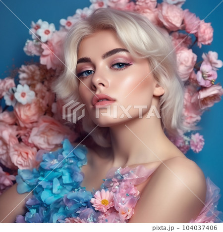 Beautiful blonde girl with a bouquet of flowers...のイラスト素材 [104037406 ...