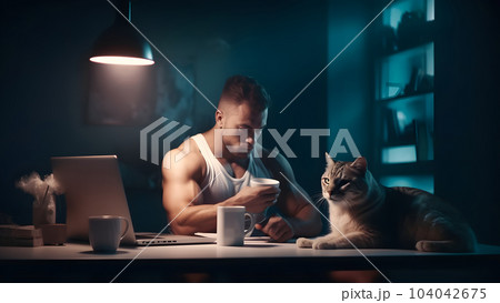 buff caucasian man in white singlet drinking...のイラスト素材 [104042675] - PIXTA