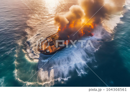 Aerial view of Cargo ship explosion with fire...のイラスト素材 [104308561] - PIXTA