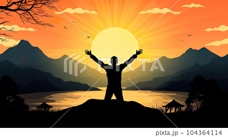 朝日を浴びる修行僧のイラスト「AI生成画像」のイラスト素材 [104364114] - PIXTA