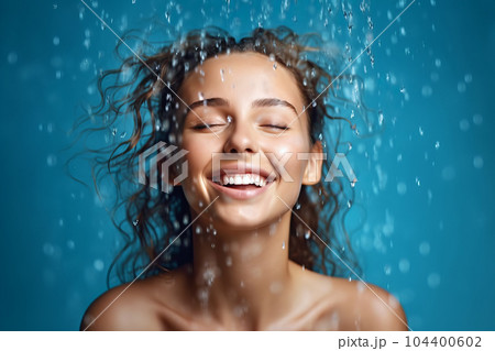 Woman smiles as she stands under shower of...のイラスト素材 [104400602] - PIXTA