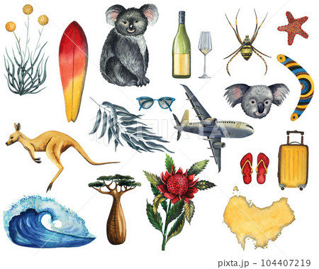 Travel Australia watercolor set with decorative...のイラスト素材 [104407219 ...