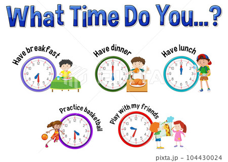 Daily routine with time and cartoon charactersのイラスト素材 [104430024] - PIXTA