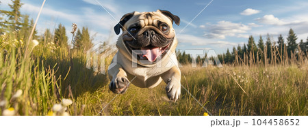 Portrait of happy fat pug dog jumping floating...のイラスト素材 [104458652 ...