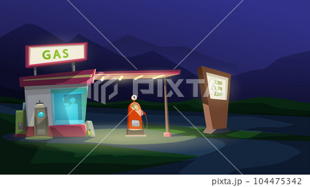 cartoon gas station at night with lightsのイラスト素材 [104475342] - PIXTA