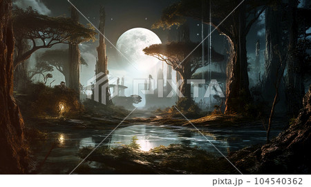Unreal nighttime landscape in a swamp on a...のイラスト素材 [104540362] - PIXTA