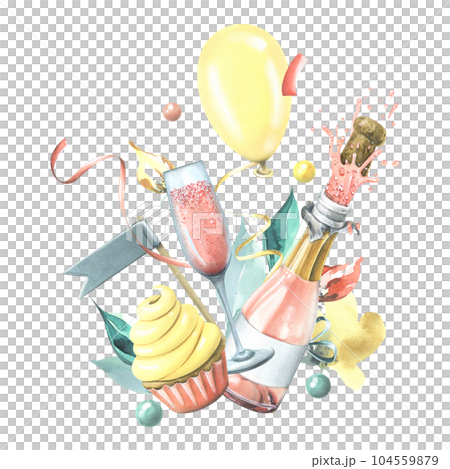 A bottle with a flying cork, a glass of...のイラスト素材 [104559879] - PIXTA