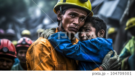 Voluntary rescuers hold rescued children in...のイラスト素材 [104709301] - PIXTA