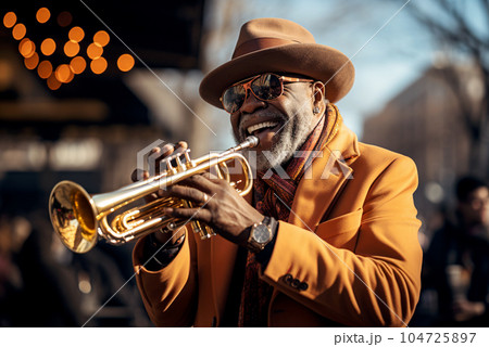 A dark-skinned man playing a musical trumpet....のイラスト素材 [104725897] - PIXTA