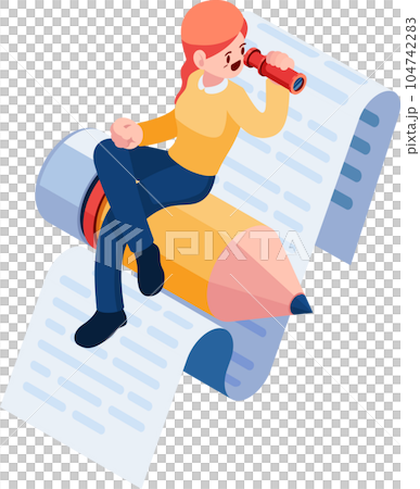 Isometric Woman Sitting on Pencil with Telescope-插圖素材 [104742283] - PIXTA圖庫