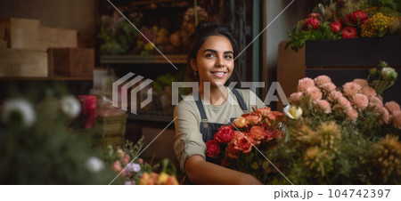 Latin Hispanic Florist Poses with Vibrant...のイラスト素材 [104742397] - PIXTA