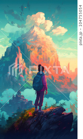 Mountain Explorer: Anime-Inspired Vibrant...のイラスト素材 [104755054] - PIXTA