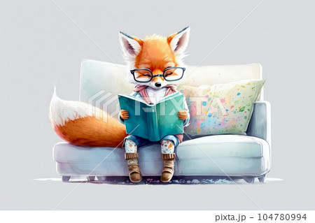 Fox cub reading a book. Cute watercolor...のイラスト素材 [104780994] - PIXTA