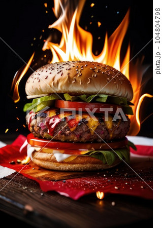 Delicious hamburger or burger with fire on...のイラスト素材 [104804798] - PIXTA