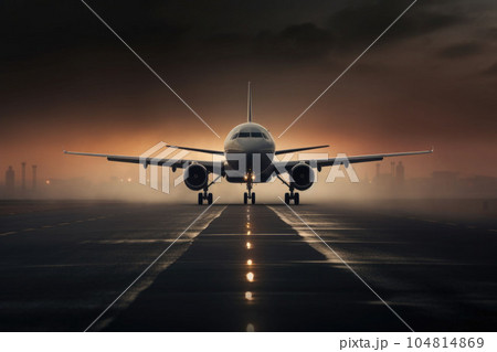 A white airplane is on the runway in the mist....のイラスト素材 [104814869 ...