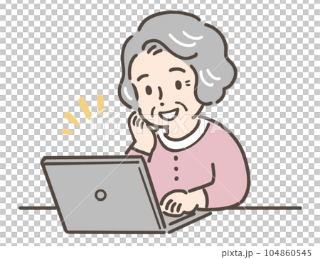 Smiling elderly woman operating a personal... - Stock Illustration ...