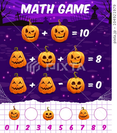 Math game worksheet. Cartoon halloween pumpkins...のイラスト素材 [104921979 ...