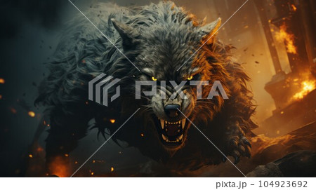 Furious wolf in the fire of destruction. Angry...のイラスト素材 [104923692 ...
