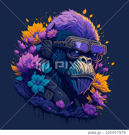 Futuristic Gorilla Head with Flower and...のイラスト素材 [105057978] - PIXTA