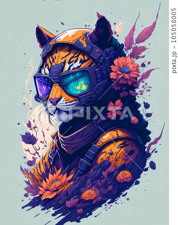 Futuristic Tiger Head Illustration with Flower...のイラスト素材 [105058005 ...