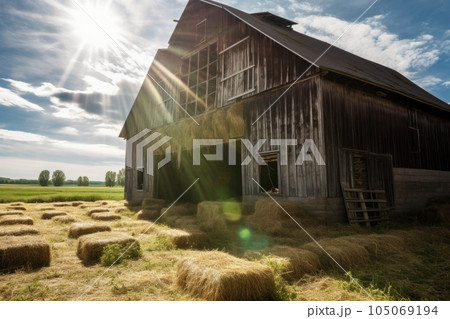 rustic barn, with overflowing bales of hay and...のイラスト素材 [105069194 ...
