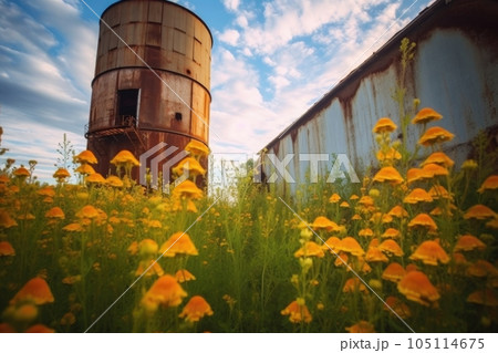 abandoned rusty silo surrounded by wildflowers,...のイラスト素材 [105114675 ...