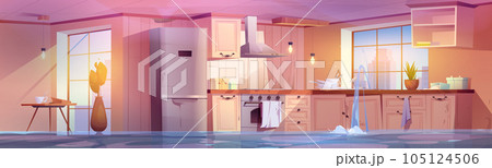 Flood and broken home kitchen room cartoon vectorのイラスト素材 [105124506 ...