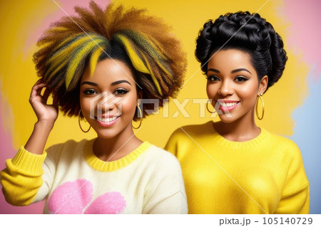 Happy young female best friends in yellow...のイラスト素材 [105140729] - PIXTA