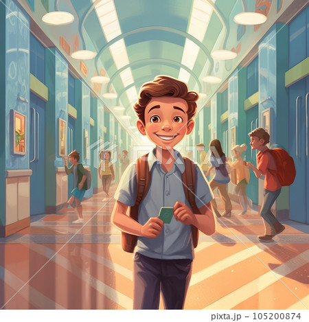 Happy boy walking in a crowded school corridor...のイラスト素材 [105200874 ...