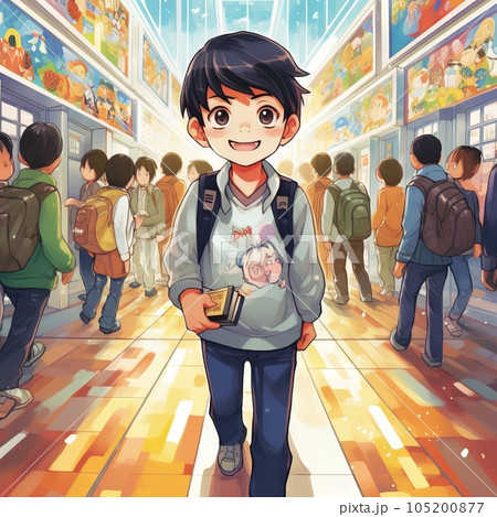 Happy boy walking in a crowded school corridor...のイラスト素材 [105200877 ...