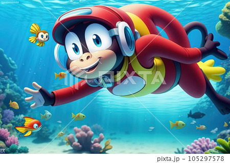 monkey scuba diver diving underwater cartoon...のイラスト素材 [105297578] - PIXTA