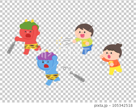 Setsubun Children Throwing Beans and Demons... - Stock Illustration ...