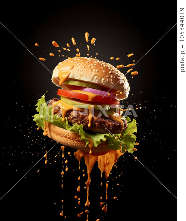 A burger, piled high with juicy beef, melted...の写真素材 [105344019] - PIXTA