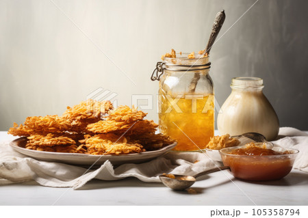 Jar of apple sauce and bowl of crunchy Jewish...のイラスト素材 [105358794] - PIXTA