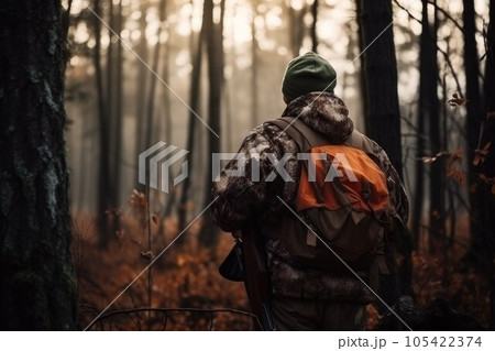 Back view man hunter. Weapon season. Generate Aiのイラスト素材 [105422374] - PIXTA