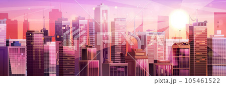 Pink sunset sky with cartoon cityscape vectorのイラスト素材 [105461522] - PIXTA