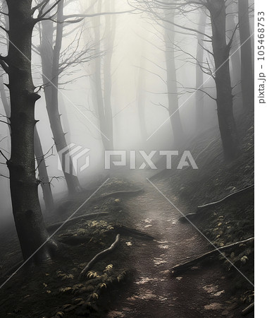 Foggy path on a slope in the forest with trees...のイラスト素材 [105468753 ...