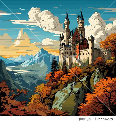 Neuschwanstein castle hand-drawn comic...のイラスト素材 [105536279] - PIXTA