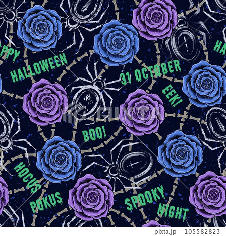 Halloween pattern with blue, violet roses, spidersのイラスト素材 [105582823 ...