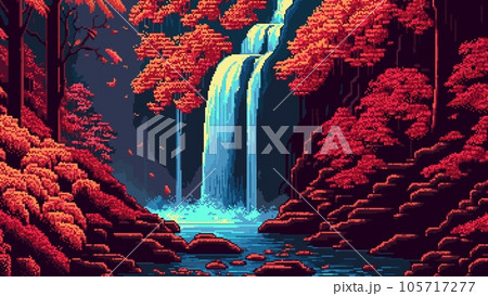 8 bit pixel waterfall cascade landscape at...のイラスト素材 [105717277] - PIXTA