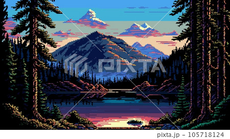 Mountain lake evening sunset landscape, AI...のイラスト素材 [105718124] - PIXTA