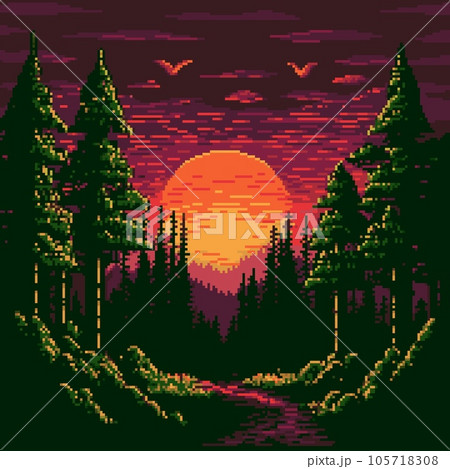 Sunset forest landscape AI generated 8 bit...のイラスト素材 [105718308] - PIXTA