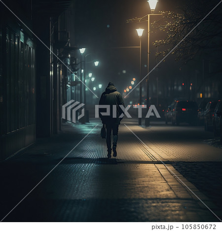 Lonely Man Walking At Night