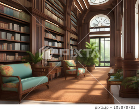Tropical style library with realistic interior...のイラスト素材 [105878783 ...