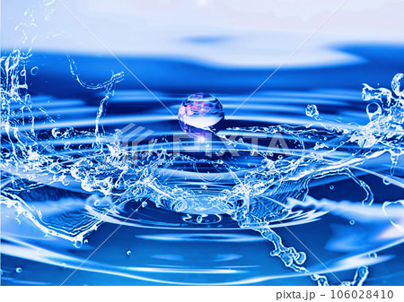 水滴が落ちた水面に広がる波紋と水しぶきの3dイラストのイラスト素材 [106028410] - PIXTA