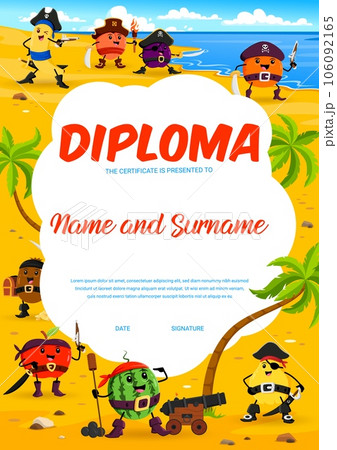 Kids diploma. Cartoon fruit pirate captain and...のイラスト素材 [106092165 ...