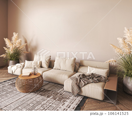 Japanese boho beige interior with lounge sofa,...のイラスト素材 [106141525 ...